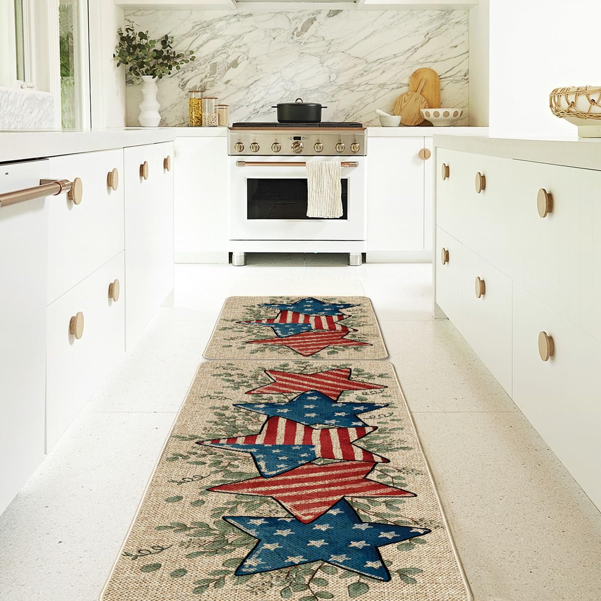 Artoid Mode American Flag Stars Eucalyptus Patriotic 4th of July Kitchen Mats Set of 2, Home Decor Kitchen Rugs for Floor - 17x29 and 17x47 Inch