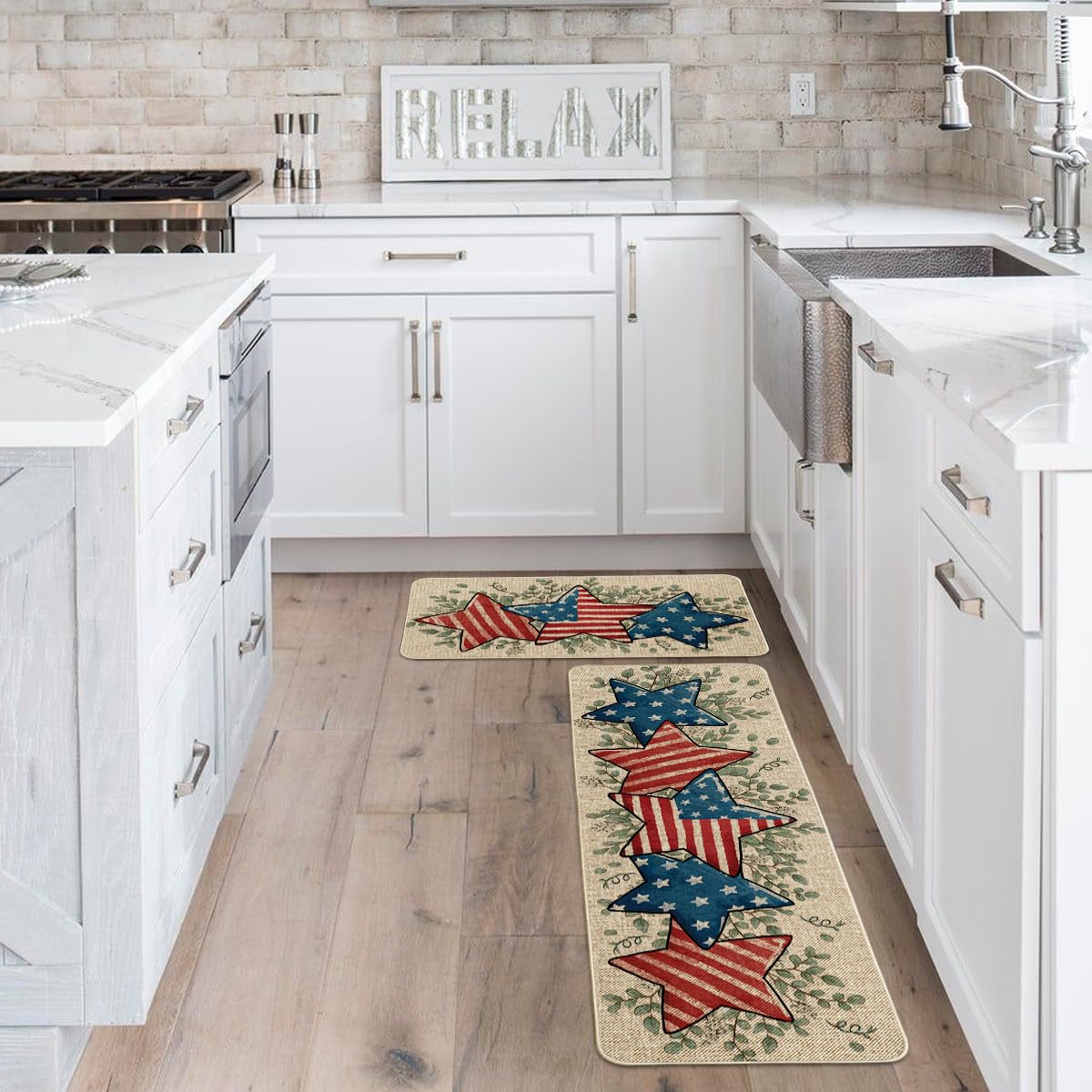 Artoid Mode American Flag Stars Eucalyptus Patriotic 4th of July Kitchen Mats Set of 2, Home Decor Kitchen Rugs for Floor - 17x29 and 17x47 Inch