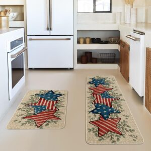 Artoid Mode American Flag Stars Eucalyptus Patriotic 4th of July Kitchen Mats Set of 2, Home Decor Kitchen Rugs for Floor - 17x29 and 17x47 Inch