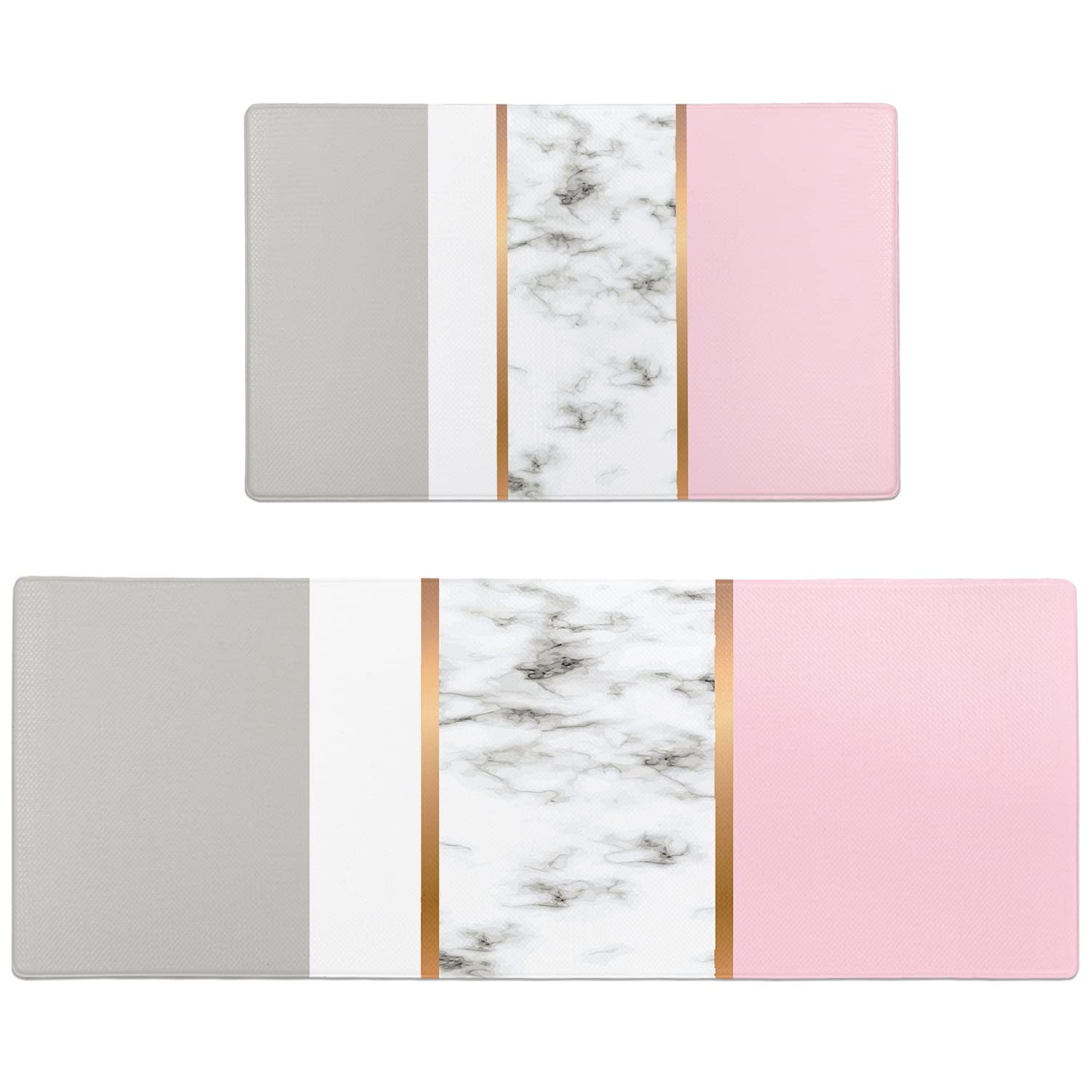 FNLNDO Pink Kitchen Rugs and Mats for Floor White Grey Marble Anti Fatigue Kitchen Rugs Set of 2 Modern Art Non-Skid Washable Kitchen Mats for Kitchen Sink Laundry (Pink, 17.5"x29.5"+17.5"x47")