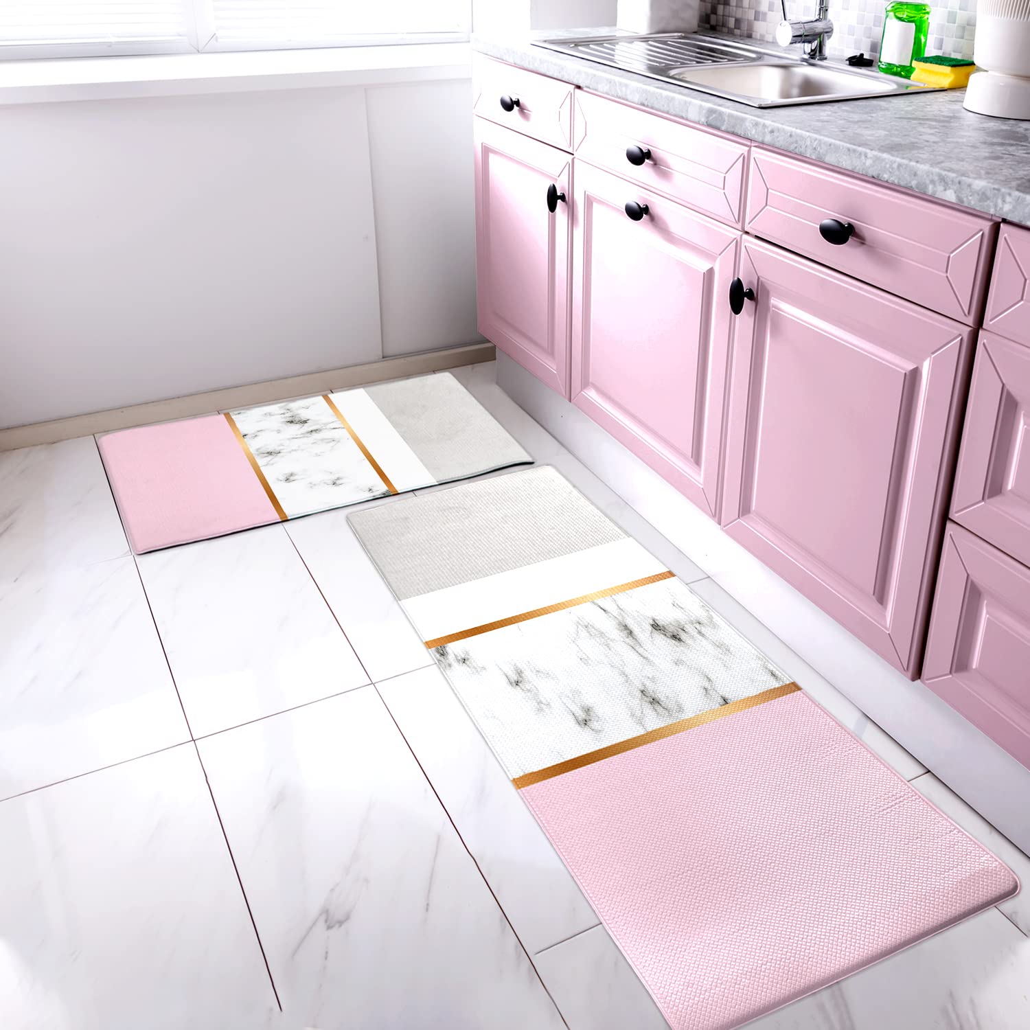 FNLNDO Pink Kitchen Rugs and Mats for Floor White Grey Marble Anti Fatigue Kitchen Rugs Set of 2 Modern Art Non-Skid Washable Kitchen Mats for Kitchen Sink Laundry (Pink, 17.5"x29.5"+17.5"x47")