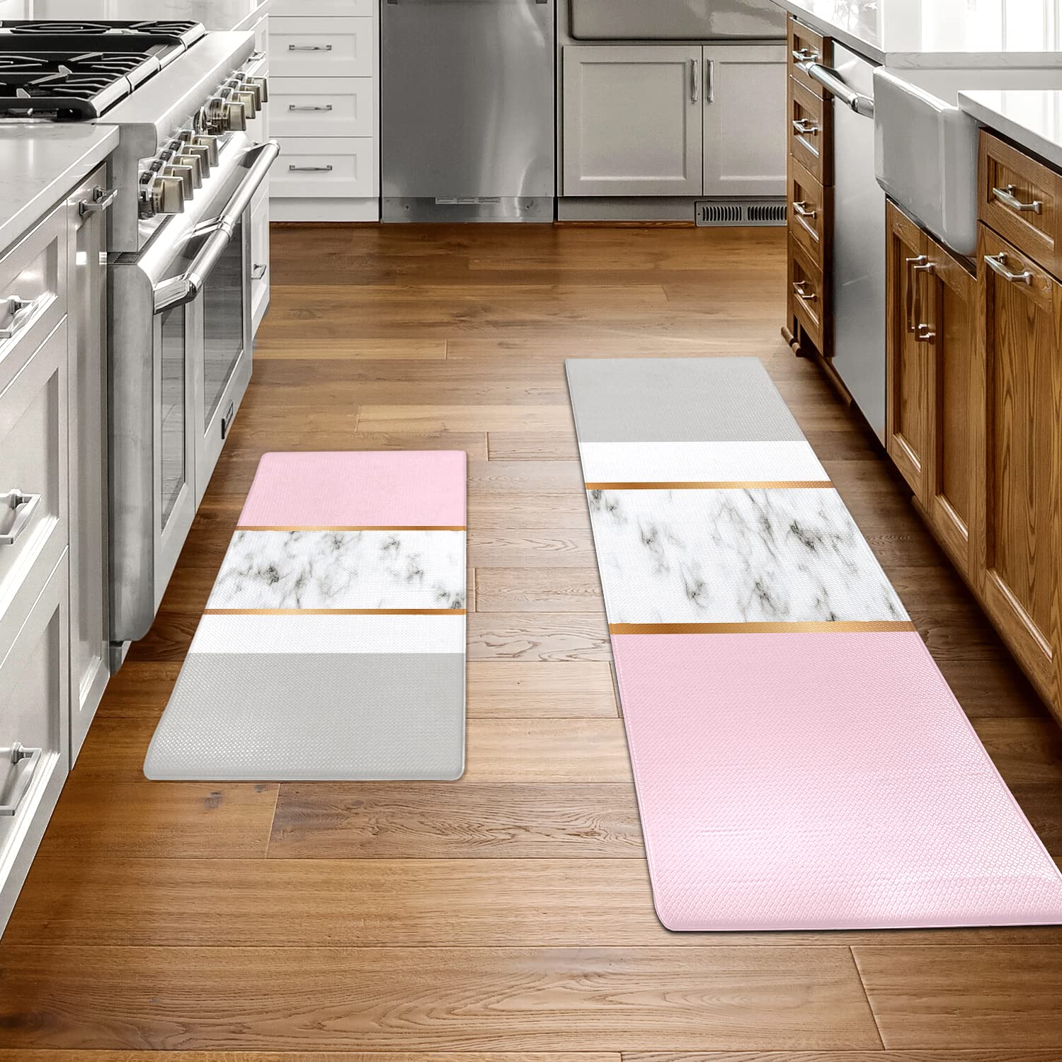 FNLNDO Pink Kitchen Rugs and Mats for Floor White Grey Marble Anti Fatigue Kitchen Rugs Set of 2 Modern Art Non-Skid Washable Kitchen Mats for Kitchen Sink Laundry (Pink, 17.5"x29.5"+17.5"x47")