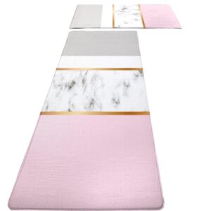 FNLNDO Pink Kitchen Rugs and Mats for Floor White Grey Marble Anti Fatigue Kitchen Rugs Set of 2 Modern Art Non-Skid Washable Kitchen Mats for Kitchen Sink Laundry (Pink, 17.5"x29.5"+17.5"x47")