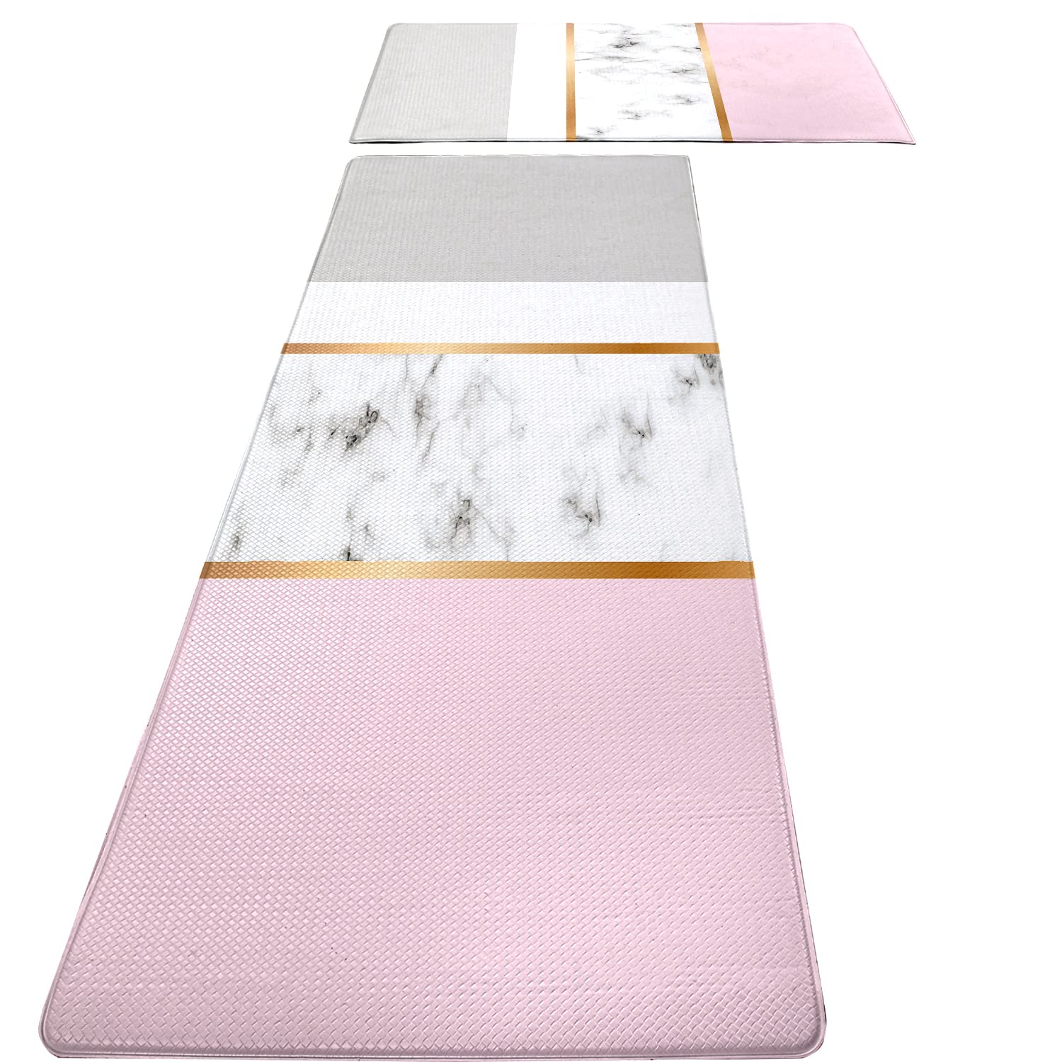 FNLNDO Pink Kitchen Rugs and Mats for Floor White Grey Marble Anti Fatigue Kitchen Rugs Set of 2 Modern Art Non-Skid Washable Kitchen Mats for Kitchen Sink Laundry (Pink, 17.5"x29.5"+17.5"x47")