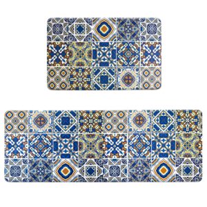 lidimei anti fatigue mats for kitchen floor, kitchen mats cushioned anti fatigue 2 piece set 17"x47"+17×28", non skid waterproof kitchen mats for floor, blue bohemia kitchen rugs