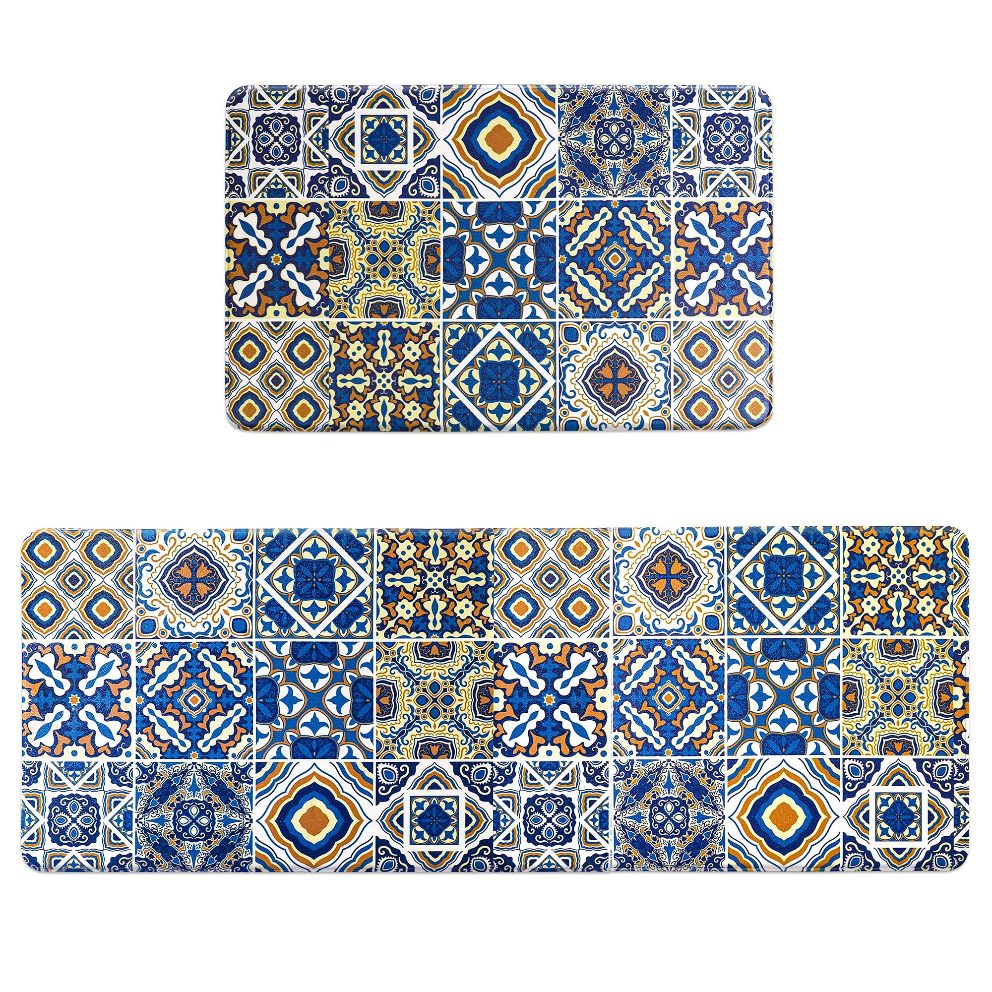 Lidimei Anti Fatigue Mats for Kitchen Floor, Kitchen Mats Cushioned Anti Fatigue 2 Piece Set 17"x47"+17×28", Non Skid Waterproof Kitchen Mats for Floor, Blue Bohemia Kitchen Rugs