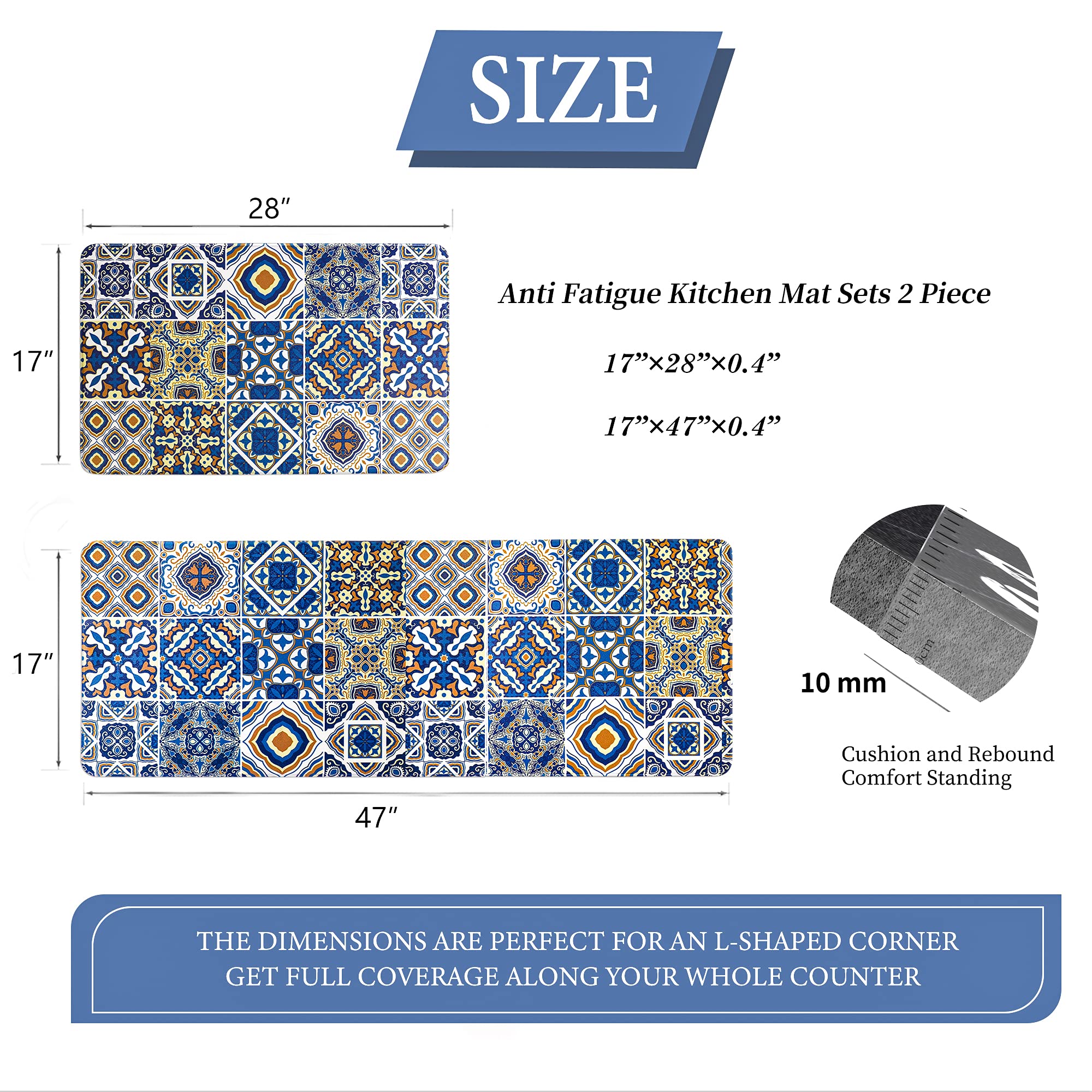 Lidimei Anti Fatigue Mats for Kitchen Floor, Kitchen Mats Cushioned Anti Fatigue 2 Piece Set 17"x47"+17×28", Non Skid Waterproof Kitchen Mats for Floor, Blue Bohemia Kitchen Rugs