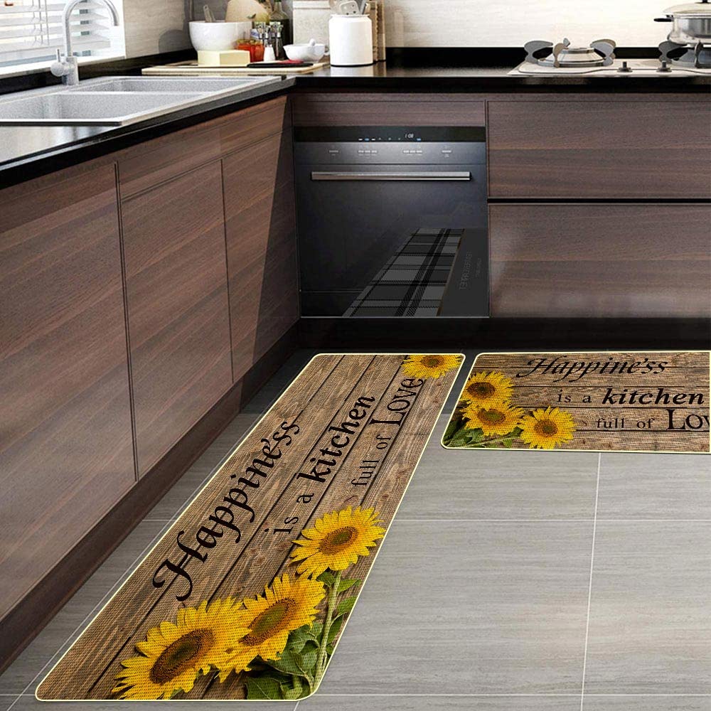 TOMWISH Sunflower Kitchen Rugs Sets 2 Piece Kitchen Mats for Floor Absorbent Doormat Non-Slip Rubber Backing Area Rugs Washable Carpet for Kitchen Floor Home,Office,Sink,Laundry 17"X47"+17"X27"