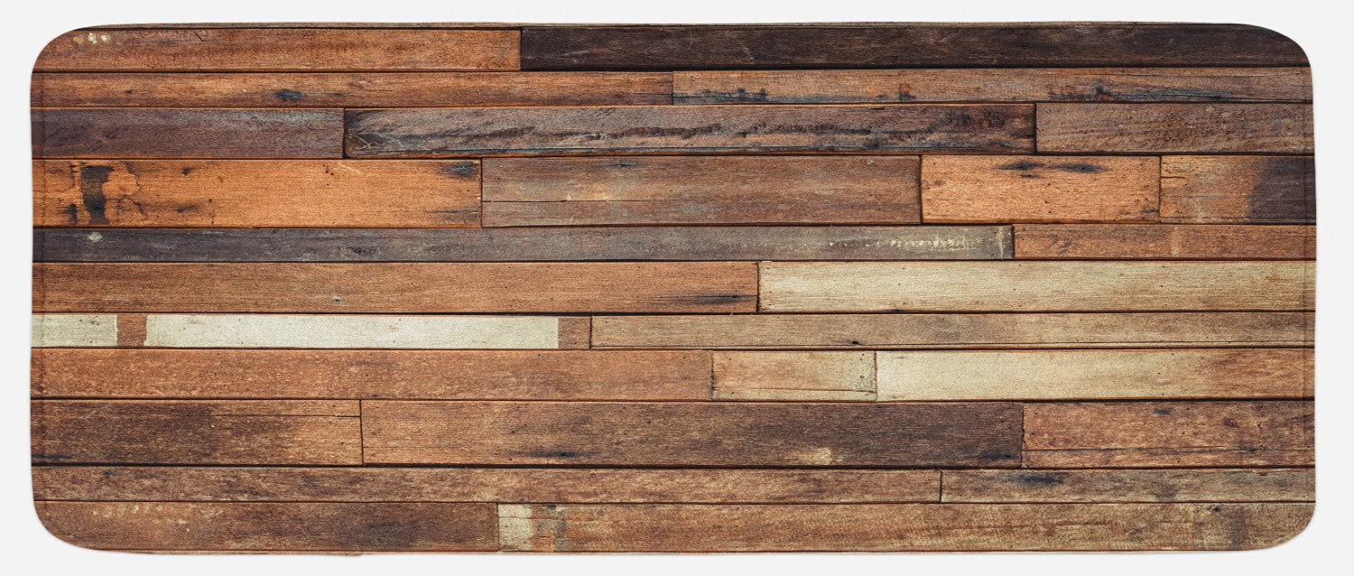 Ambesonne Wooden Kitchen Mat, Rustic Floor Planks Print Grungy Look Farm House Country Style Walnut Oak Grain Image, Plush Decorative Kithcen Mat with Non Slip Backing, 47" X 19", Brown