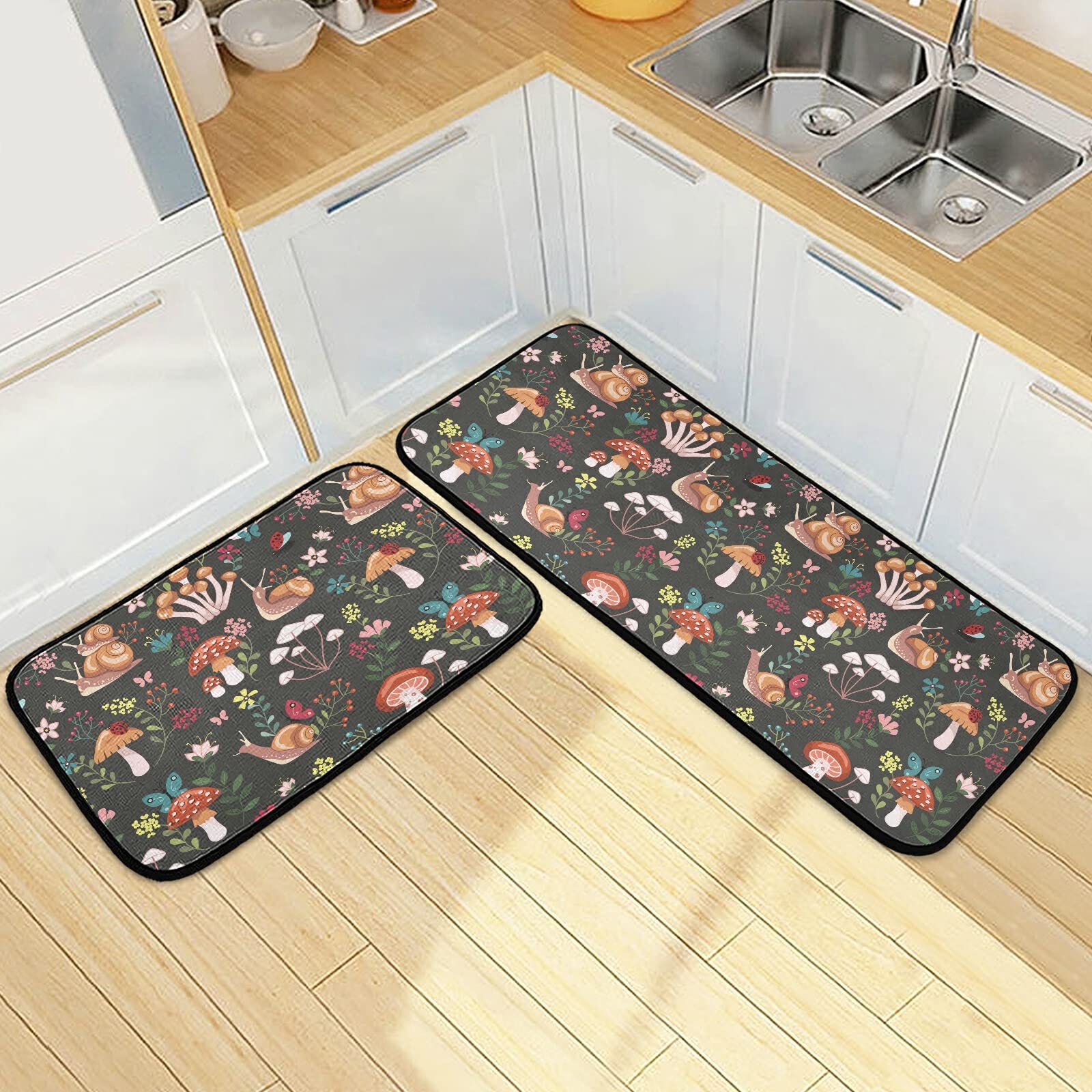 Mushroom with Snails Kitchen Mat Set of 2 Anti Fatigue Mat, Non Slip Cushioned Mat Runner Rug Doormat for Kitchen, Sink, Laundry, Bathroom, Home Decor