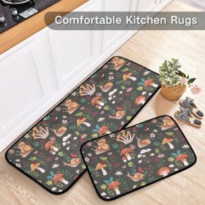 Mushroom with Snails Kitchen Mat Set of 2 Anti Fatigue Mat, Non Slip Cushioned Mat Runner Rug Doormat for Kitchen, Sink, Laundry, Bathroom, Home Decor