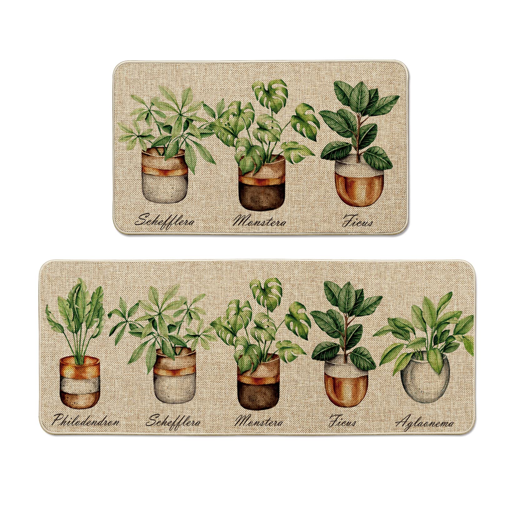 Artoid Mode Schefflera Monstera Ficus Summer Kitchen Mats Set of 2, Hello Sunshine Home Decor Low-Profile Kitchen Rugs for Floor - 17x29 and 17x47 Inch