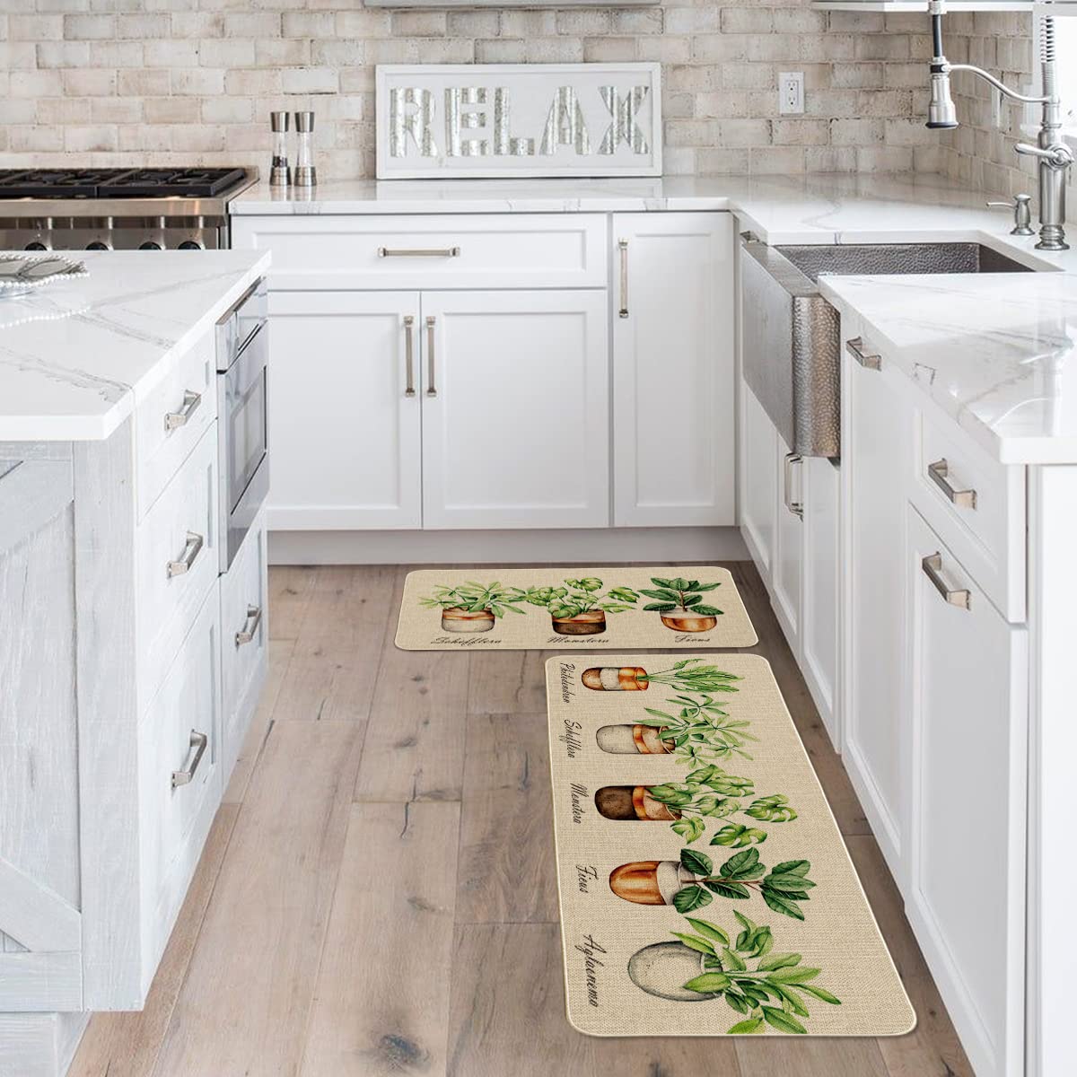 Artoid Mode Schefflera Monstera Ficus Summer Kitchen Mats Set of 2, Hello Sunshine Home Decor Low-Profile Kitchen Rugs for Floor - 17x29 and 17x47 Inch