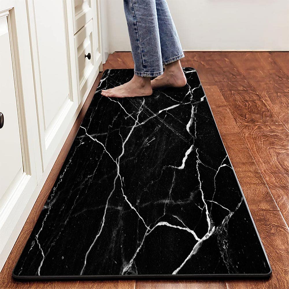 Douecish Black White Marble Anti-Fatigue Kitchen Rug Runner Cushioned PVC Leather Kitchen Mats Non Slip Waterproof Kitchen Mats for Floor Home Office Sink Laundry 17.3" W X 47" L