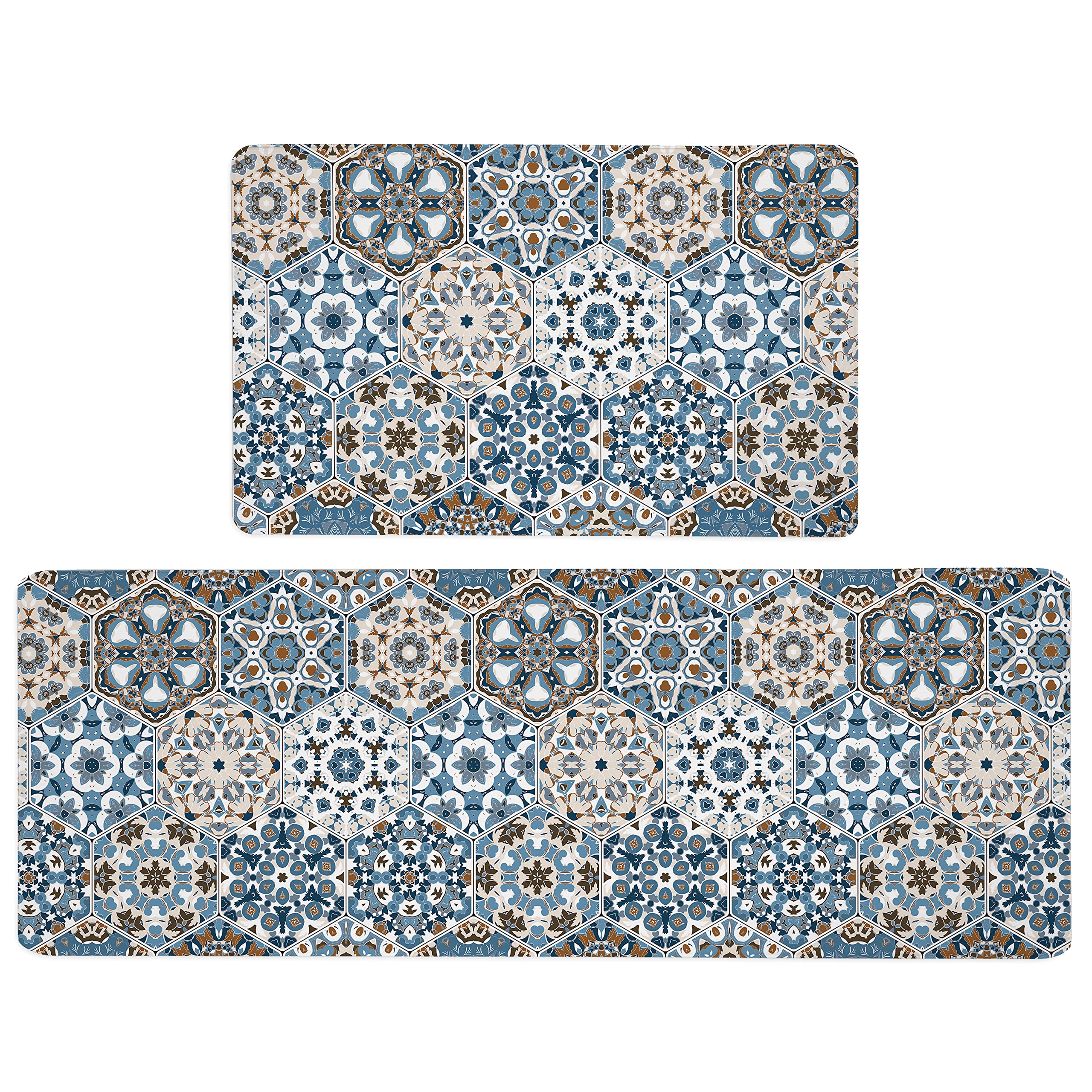 Blue Boho Kitchen Mats Set of 2 Cushioned Anti-Fatigue Kitchen Rugs Waterproof Kitchen Floor Rug Washable Comfort Standing Mat Kitchen Carpet Runner Rug for Sink Laundry,17.3x28+17.3x47 Inch