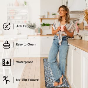 Blue Boho Kitchen Mats Set of 2 Cushioned Anti-Fatigue Kitchen Rugs Waterproof Kitchen Floor Rug Washable Comfort Standing Mat Kitchen Carpet Runner Rug for Sink Laundry,17.3x28+17.3x47 Inch