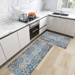 Blue Boho Kitchen Mats Set of 2 Cushioned Anti-Fatigue Kitchen Rugs Waterproof Kitchen Floor Rug Washable Comfort Standing Mat Kitchen Carpet Runner Rug for Sink Laundry,17.3x28+17.3x47 Inch