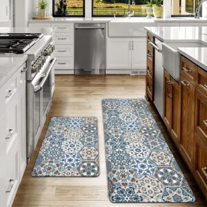 Blue Boho Kitchen Mats Set of 2 Cushioned Anti-Fatigue Kitchen Rugs Waterproof Kitchen Floor Rug Washable Comfort Standing Mat Kitchen Carpet Runner Rug for Sink Laundry,17.3x28+17.3x47 Inch