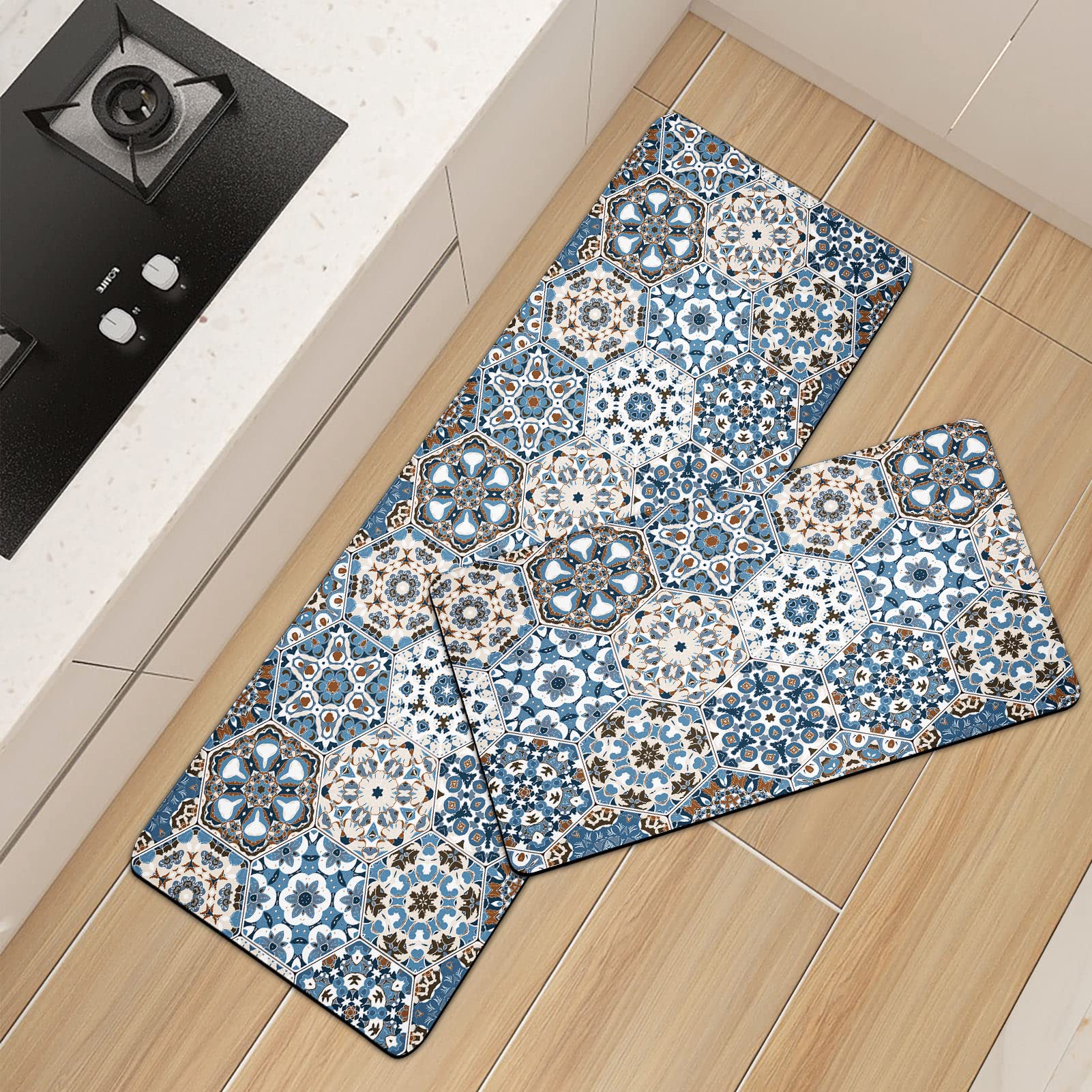 Blue Boho Kitchen Mats Set of 2 Cushioned Anti-Fatigue Kitchen Rugs Waterproof Kitchen Floor Rug Washable Comfort Standing Mat Kitchen Carpet Runner Rug for Sink Laundry,17.3x28+17.3x47 Inch