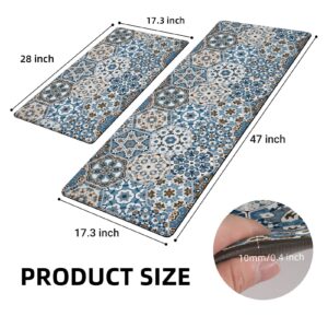 Blue Boho Kitchen Mats Set of 2 Cushioned Anti-Fatigue Kitchen Rugs Waterproof Kitchen Floor Rug Washable Comfort Standing Mat Kitchen Carpet Runner Rug for Sink Laundry,17.3x28+17.3x47 Inch