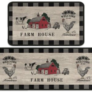 Sianseir Farmhouse Buffalo Plaid Kitchen Rugs Rustic Decor Cow Set of 2, Black and Grey Washable Runner Rug Decoration Farmhouse Kitchen Mat 17"x47"+17"x30"