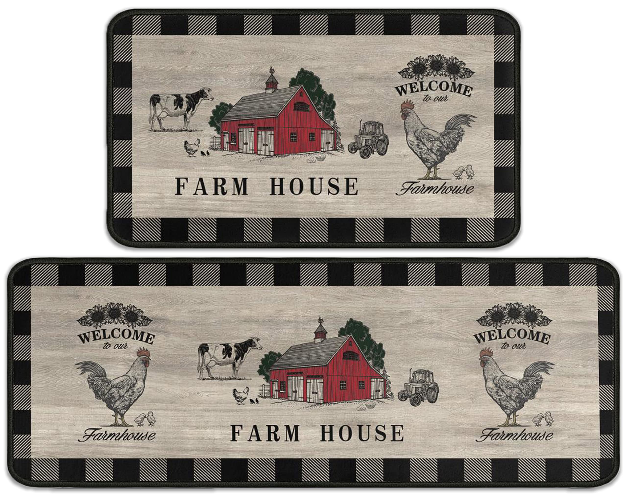 Sianseir Farmhouse Buffalo Plaid Kitchen Rugs Rustic Decor Cow Set of 2, Black and Grey Washable Runner Rug Decoration Farmhouse Kitchen Mat 17"x47"+17"x30"