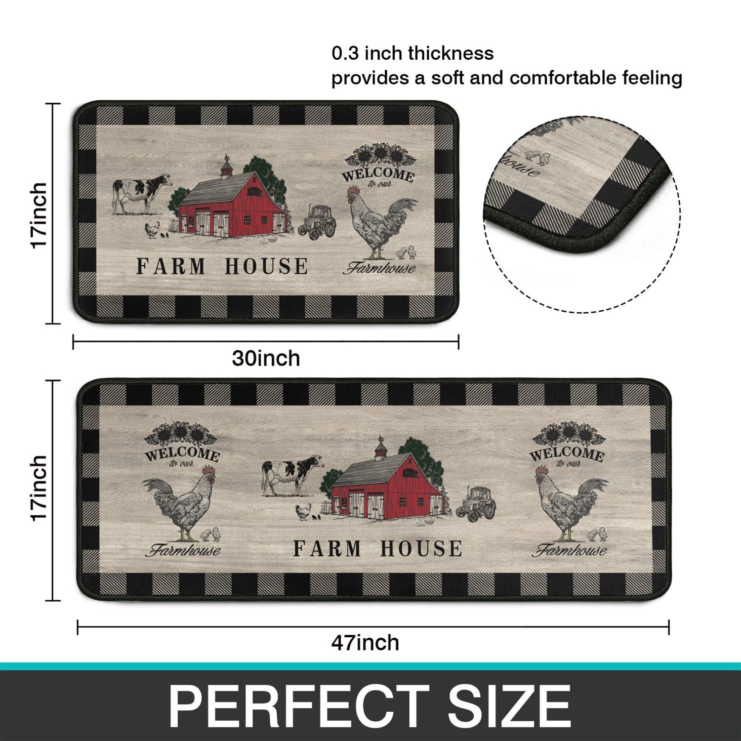 Sianseir Farmhouse Buffalo Plaid Kitchen Rugs Rustic Decor Cow Set of 2, Black and Grey Washable Runner Rug Decoration Farmhouse Kitchen Mat 17"x47"+17"x30"