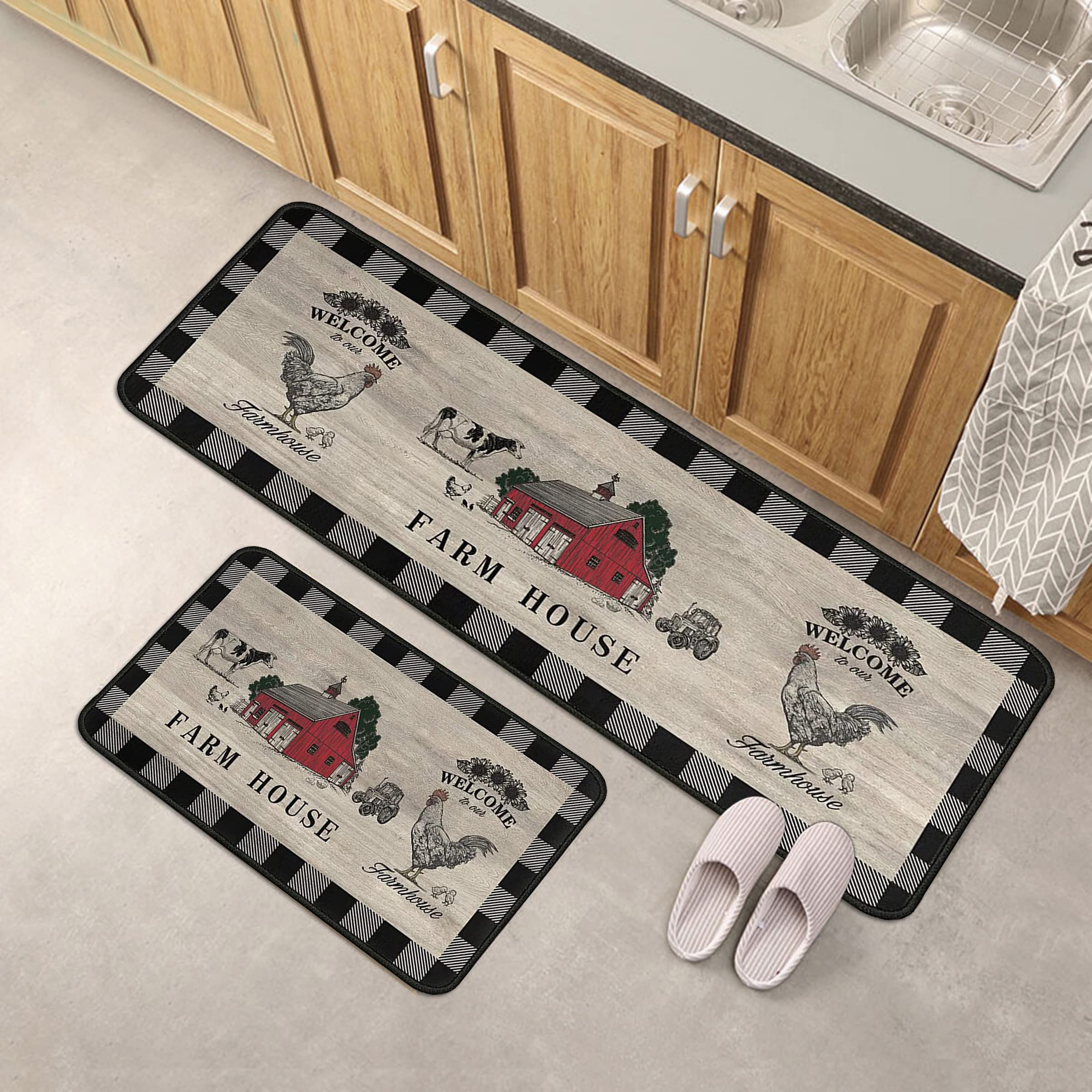 Sianseir Farmhouse Buffalo Plaid Kitchen Rugs Rustic Decor Cow Set of 2, Black and Grey Washable Runner Rug Decoration Farmhouse Kitchen Mat 17"x47"+17"x30"