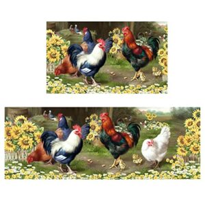 dozarmota rooster kitchen rug 2 piece set, farmhouse chicken kitchen rugs and mats non skid washable for floor anti fatigue sunflower decor kitchen mat 17"x47"+17"x30"