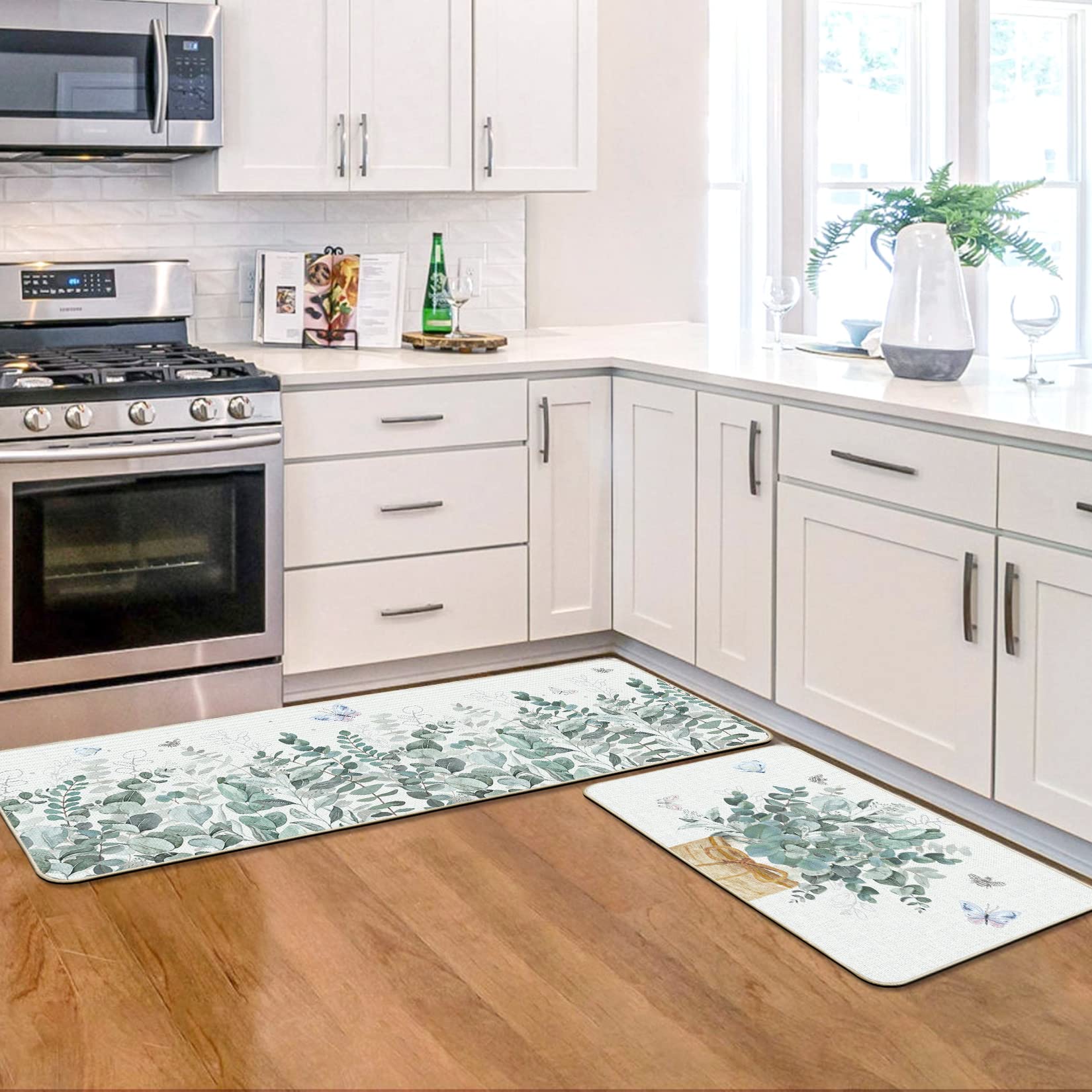 Artoid Mode Eucalyptus Vase Butterfly Summer Kitchen Mats Set of 2, Spring Home Decor Low-Profile Kitchen Rugs for Floor - 17x29 and 17x47 Inch