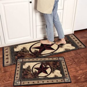 2 pieces non-slip vintage style kitchen/bath rug runner mat, super absorbent rugs, washable carpet kitchen mats 15.7x23.6inch+15.7x47.2inch, western texas star on wood panel rustic