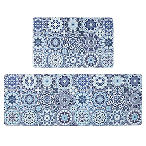 Crisjanggo 2PCS Kitchen Rugs and Mats, Blue Memory Foam Cushioned Anti Fatigue Comfort Floor Mat Non Slip PVC Waterproof Kitchen Carpet Set for Kitchen Laundry Sink 17"x48"+17"x28"