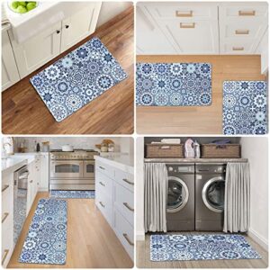 Crisjanggo 2PCS Kitchen Rugs and Mats, Blue Memory Foam Cushioned Anti Fatigue Comfort Floor Mat Non Slip PVC Waterproof Kitchen Carpet Set for Kitchen Laundry Sink 17"x48"+17"x28"