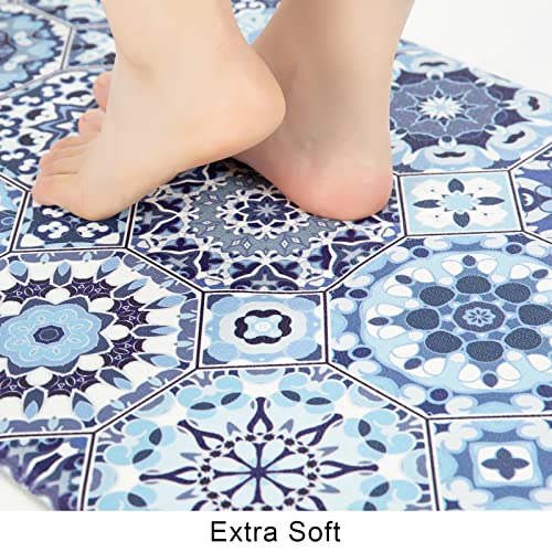 Crisjanggo 2PCS Kitchen Rugs and Mats, Blue Memory Foam Cushioned Anti Fatigue Comfort Floor Mat Non Slip PVC Waterproof Kitchen Carpet Set for Kitchen Laundry Sink 17"x48"+17"x28"