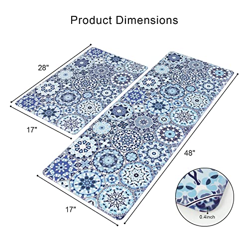 Crisjanggo 2PCS Kitchen Rugs and Mats, Blue Memory Foam Cushioned Anti Fatigue Comfort Floor Mat Non Slip PVC Waterproof Kitchen Carpet Set for Kitchen Laundry Sink 17"x48"+17"x28"