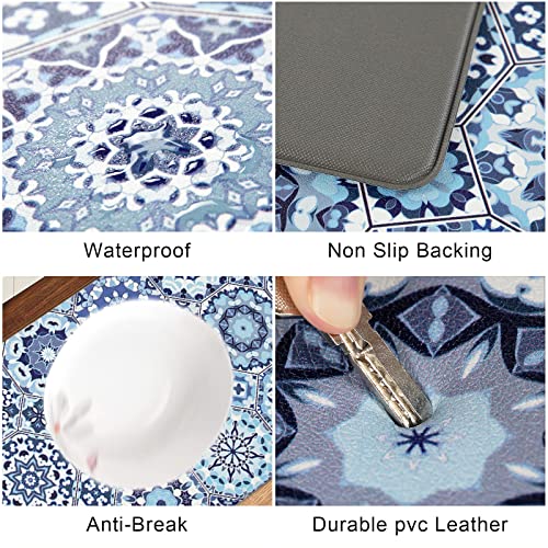 Crisjanggo 2PCS Kitchen Rugs and Mats, Blue Memory Foam Cushioned Anti Fatigue Comfort Floor Mat Non Slip PVC Waterproof Kitchen Carpet Set for Kitchen Laundry Sink 17"x48"+17"x28"