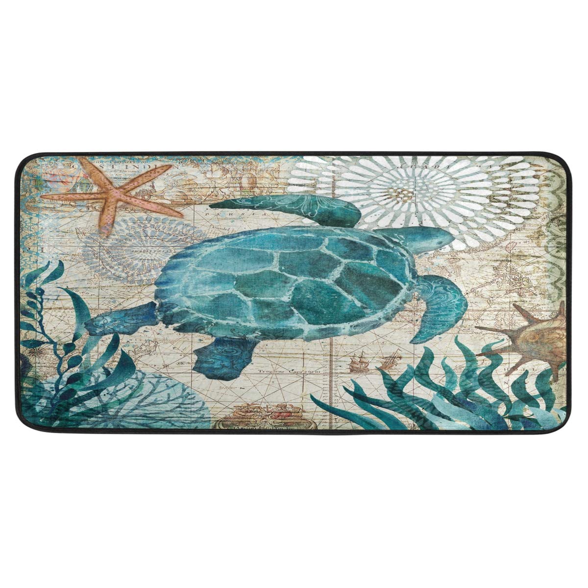 Sea Turtle Retro Map Kitchen Rugs Mat Nautical Ocean Coastal Bathroom Floor Runner Mats Non Slip Door Mat Indoor Entryway Hallway Doormat Welcome Runner Rugs Washable Home Decor 39 X 20 Inch