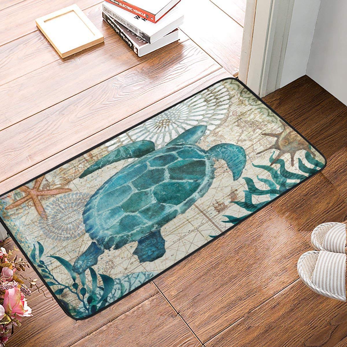 Sea Turtle Retro Map Kitchen Rugs Mat Nautical Ocean Coastal Bathroom Floor Runner Mats Non Slip Door Mat Indoor Entryway Hallway Doormat Welcome Runner Rugs Washable Home Decor 39 X 20 Inch