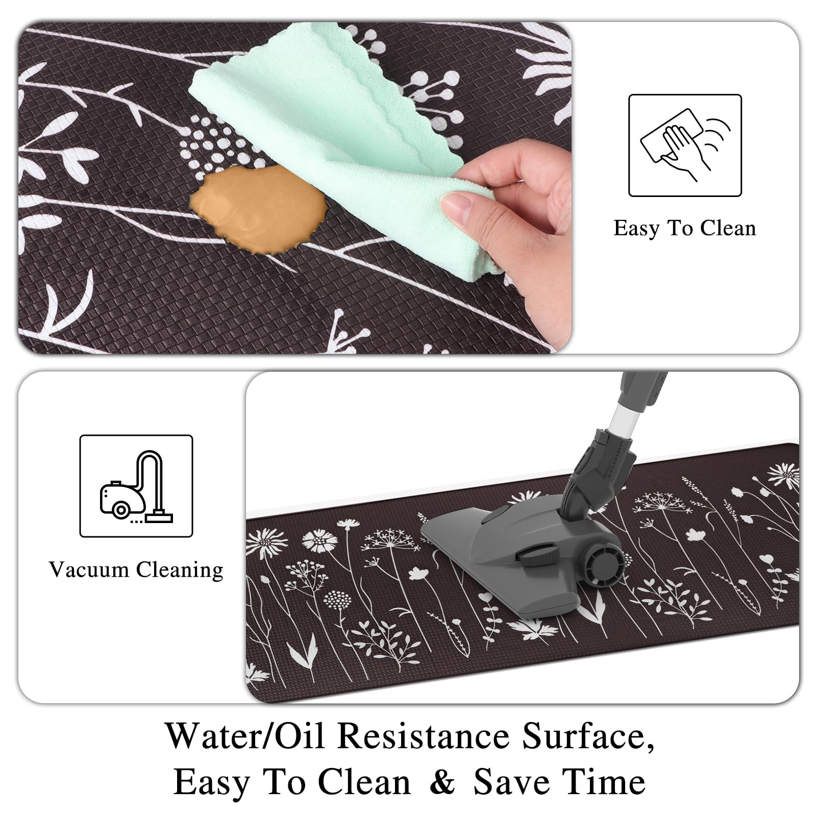 Rempry 2 Pcs Kitchen Mat for Floor, Cushioned Anti-Fatigue Kitchen Mats, PVC Non-Slip Waterproof Kitchen Rugs Set for Kitchen, Office, Sink, 17"x47"+17"x29" (Black)