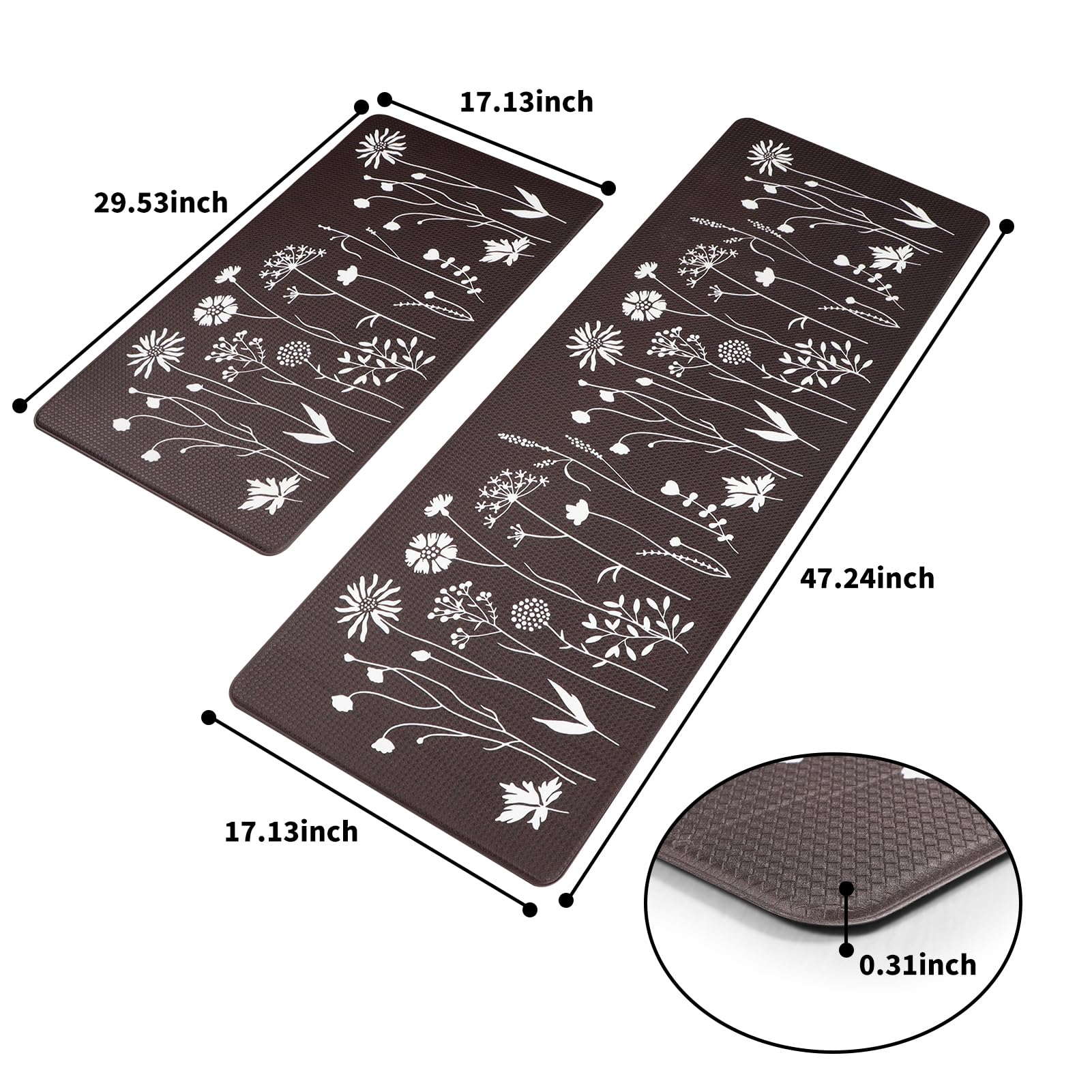 Rempry 2 Pcs Kitchen Mat for Floor, Cushioned Anti-Fatigue Kitchen Mats, PVC Non-Slip Waterproof Kitchen Rugs Set for Kitchen, Office, Sink, 17"x47"+17"x29" (Black)