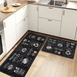 Famibay 2 Piece Kitchen Mats Anti Fatigue Cushioned Kitchen Floor Mat Non Slip Waterproof Coffee Design Wipe Clean Foam Kitchen Carpet Rugs for Kitchen Sink Laundry(17"×28"+17"×47")