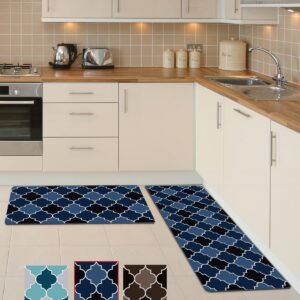 moonysweet anti fatigue kitchen rug mat non skid cushioned navy blue black waterproof non slip pvc leather runner standing mat trellis quatrefoil 17" x 29" +17" x 47" set of 2 (2 pieces)