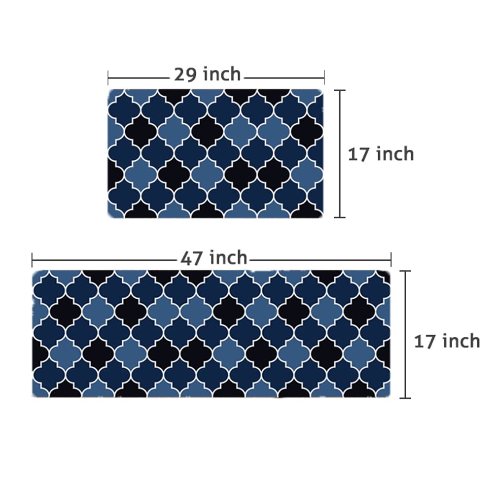 moonysweet Anti Fatigue Kitchen Rug Mat Non Skid Cushioned Navy Blue Black Waterproof Non Slip PVC Leather Runner Standing Mat Trellis Quatrefoil 17" x 29" +17" x 47" Set of 2 (2 Pieces)