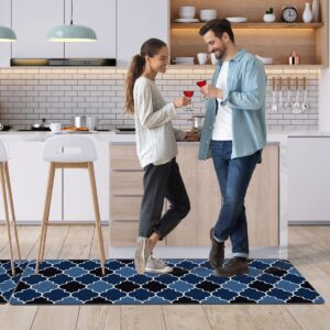 moonysweet Anti Fatigue Kitchen Rug Mat Non Skid Cushioned Navy Blue Black Waterproof Non Slip PVC Leather Runner Standing Mat Trellis Quatrefoil 17" x 29" +17" x 47" Set of 2 (2 Pieces)