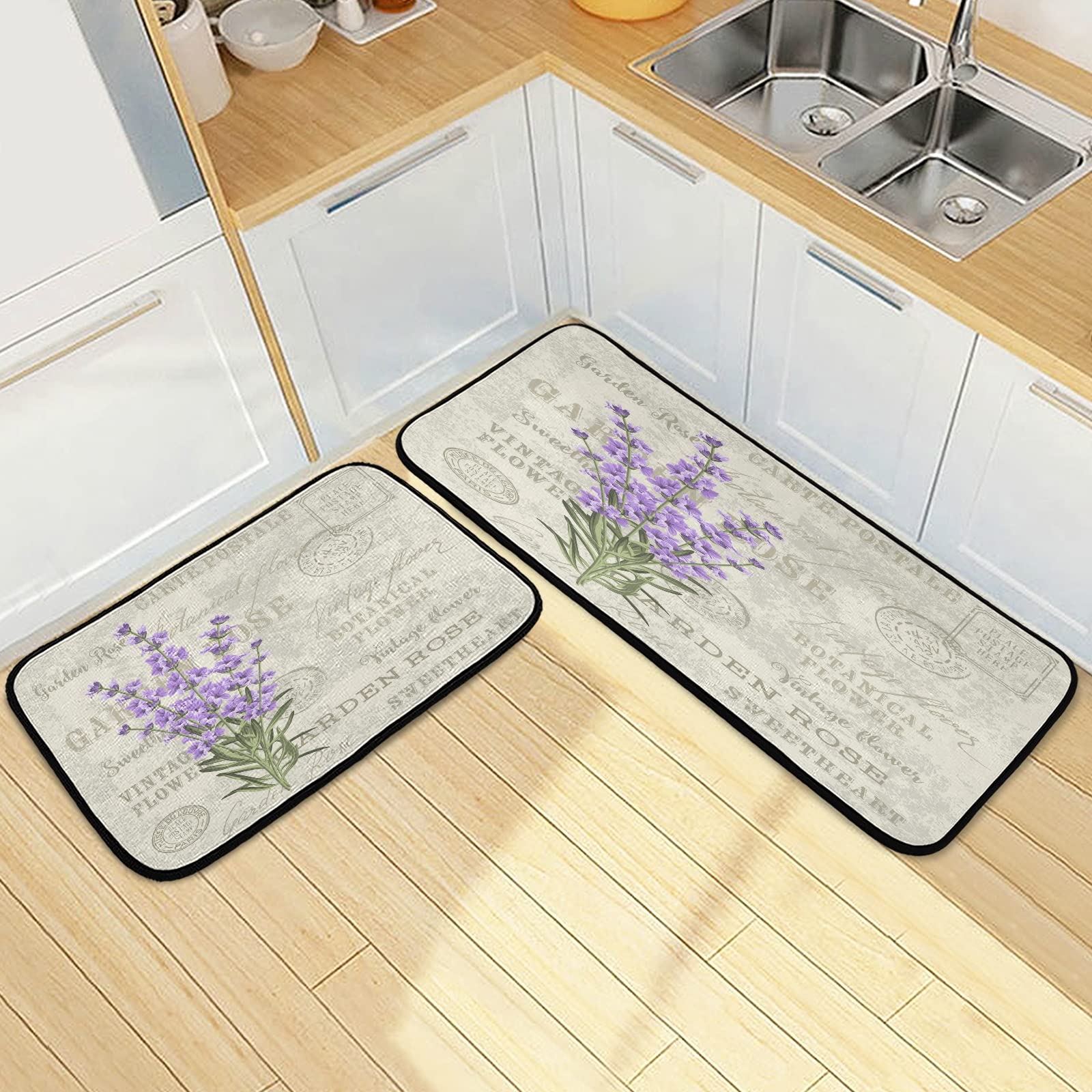 ALAZA Lavender Blossom Flower Non Slip Kitchen Floor Mat Set of 2 Piece Kitchen Rug 47 x 20 inches + 28 x 20 inches for Entryway Hallway Bathroom Living Roo