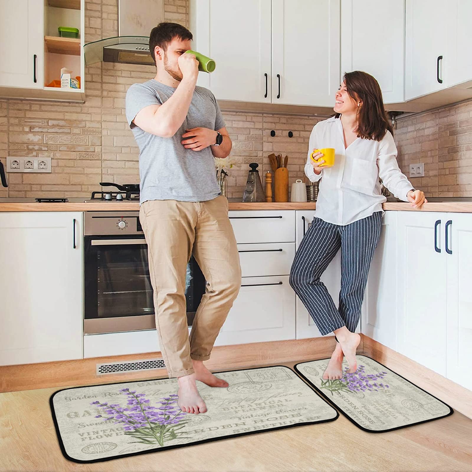 ALAZA Lavender Blossom Flower Non Slip Kitchen Floor Mat Set of 2 Piece Kitchen Rug 47 x 20 inches + 28 x 20 inches for Entryway Hallway Bathroom Living Roo