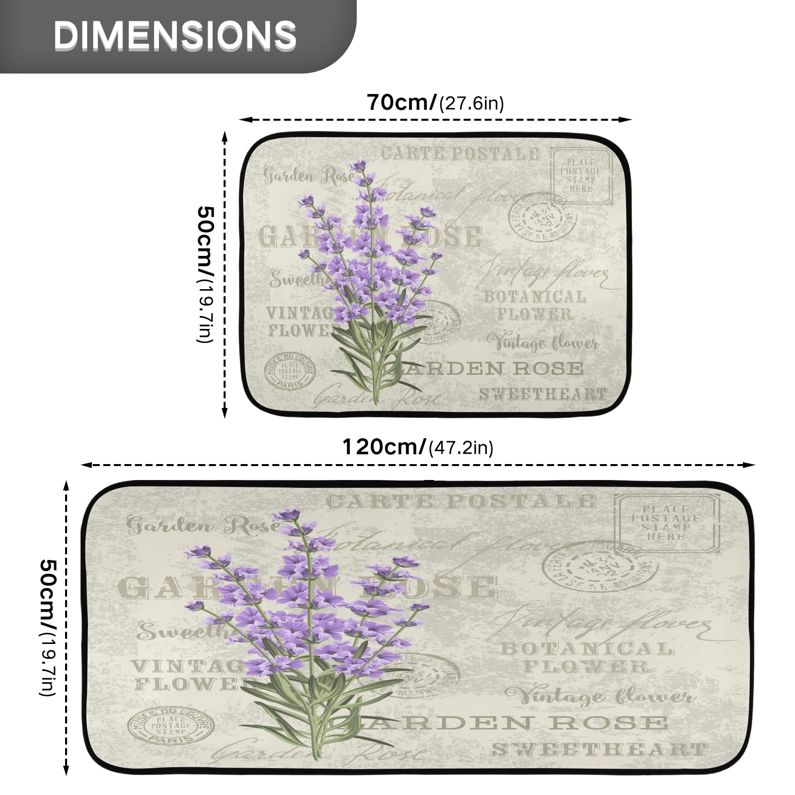 ALAZA Lavender Blossom Flower Non Slip Kitchen Floor Mat Set of 2 Piece Kitchen Rug 47 x 20 inches + 28 x 20 inches for Entryway Hallway Bathroom Living Roo