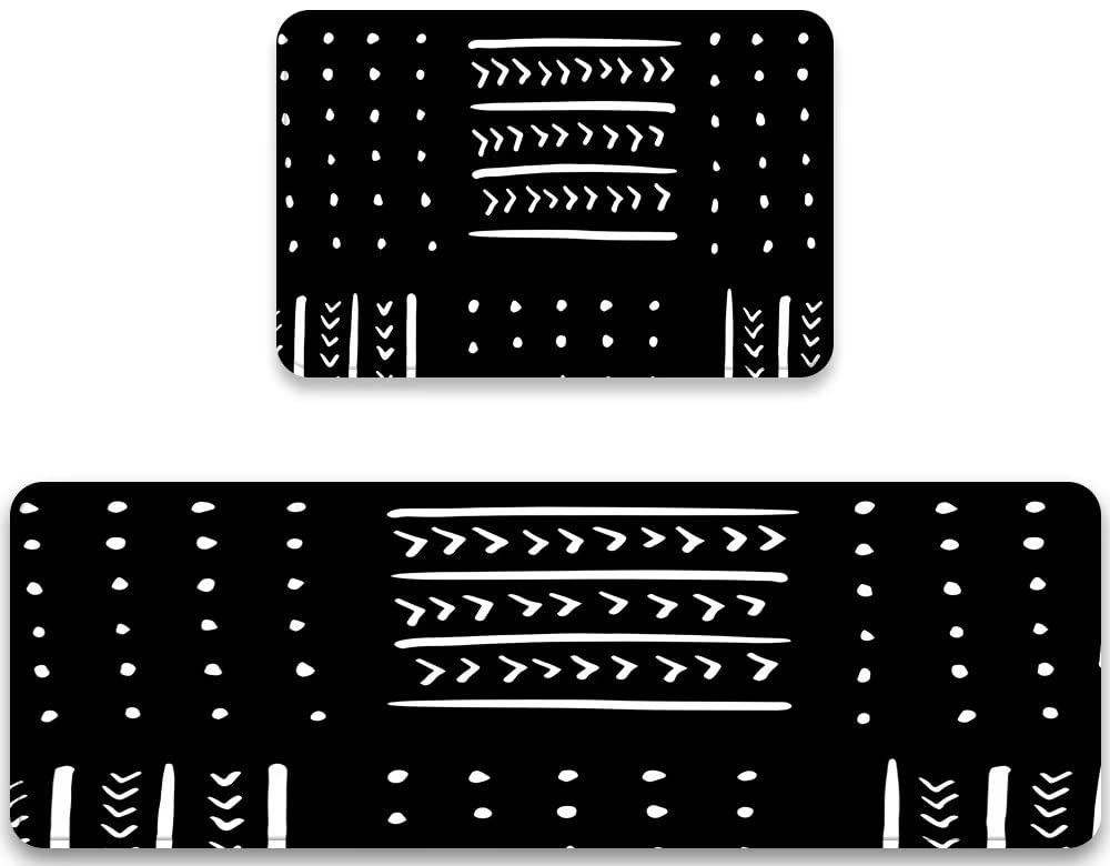 Kitchen Rug Set of 2 Mud Cloth in Black and White Mudcloth Soft Comfort Standing Mat Anti Fatigue Non Skid Washable Doormat Ethnic Boho Aztec Tribal Bathroom Runner Rugs Bedroom Area Carpet,Black