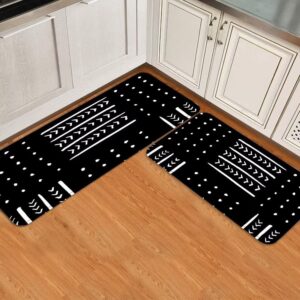 Kitchen Rug Set of 2 Mud Cloth in Black and White Mudcloth Soft Comfort Standing Mat Anti Fatigue Non Skid Washable Doormat Ethnic Boho Aztec Tribal Bathroom Runner Rugs Bedroom Area Carpet,Black