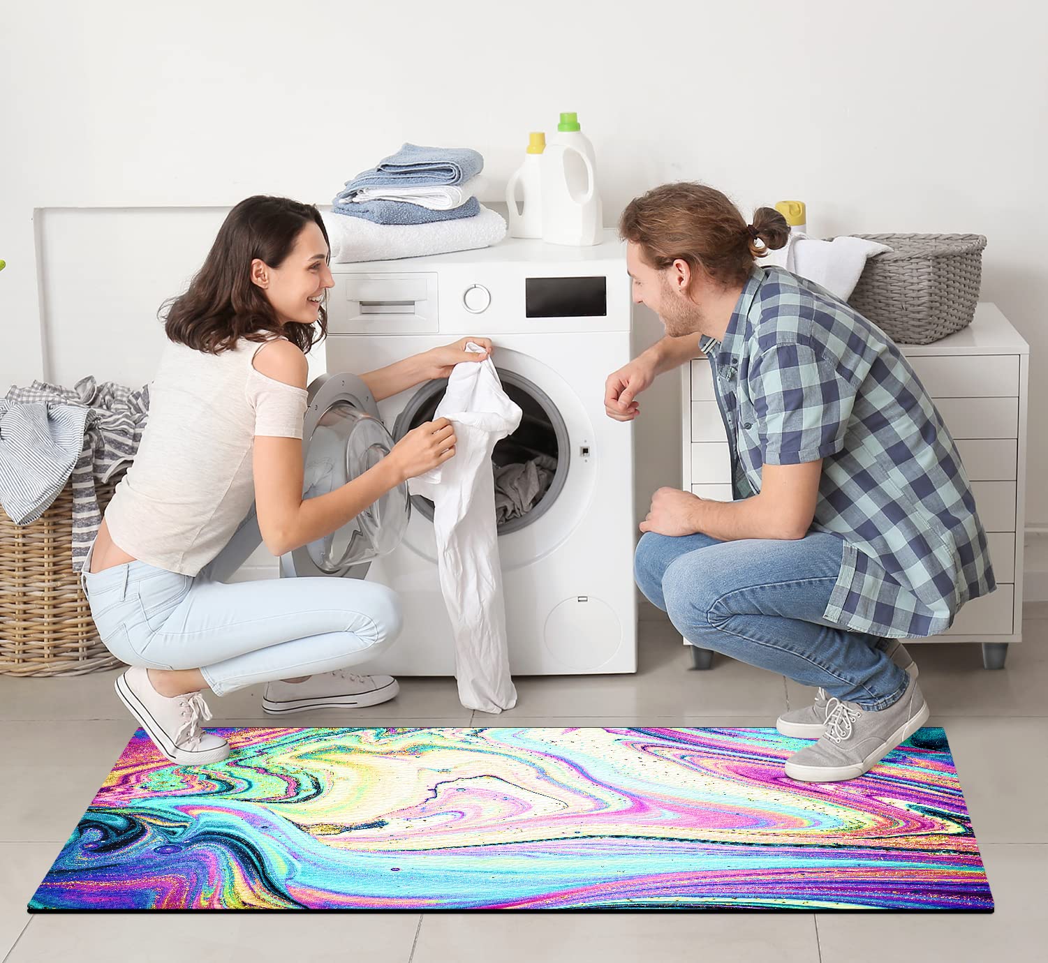 Rainbow Colors Kitchen Rugs Mats Set of 2 Iridescent Marble Art Anti-Fatigue Cushioned Kitchen Floor Mat Non-Slip Backing Washable Kitchen Rugs Set Office Laundry (Rainbow, 17"x29.5"+17"x47")